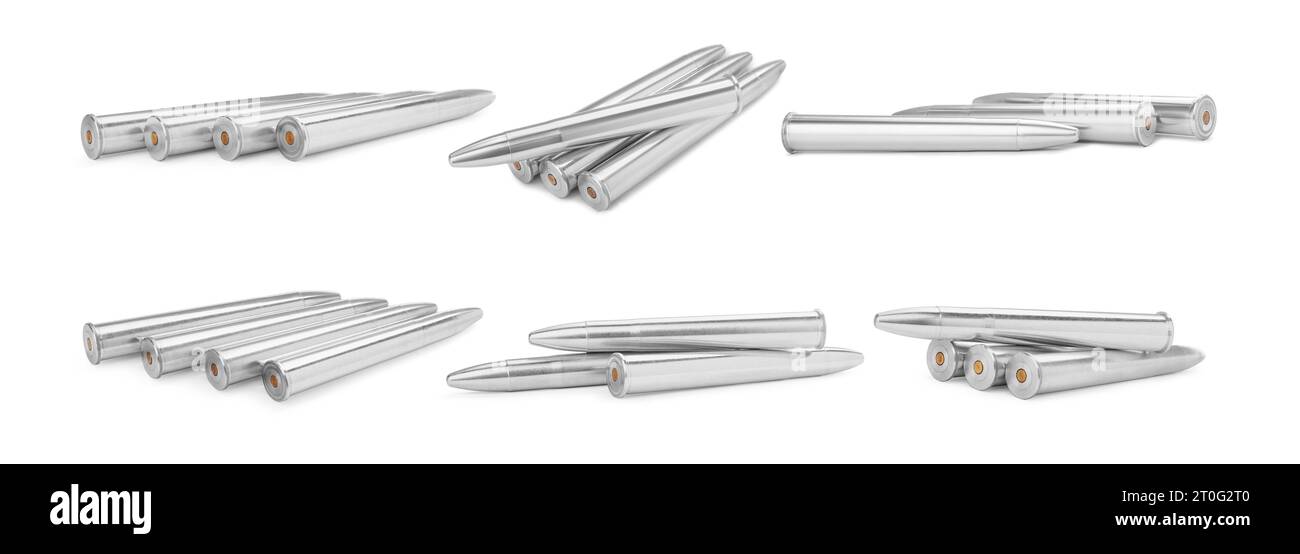 Set of many bullets on white background. Firearm ammunition Stock Photo ...