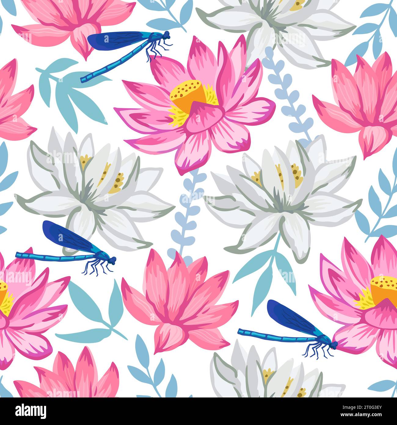 Seamless pattern with pink lotus flowers. Detailed realistic vector ...