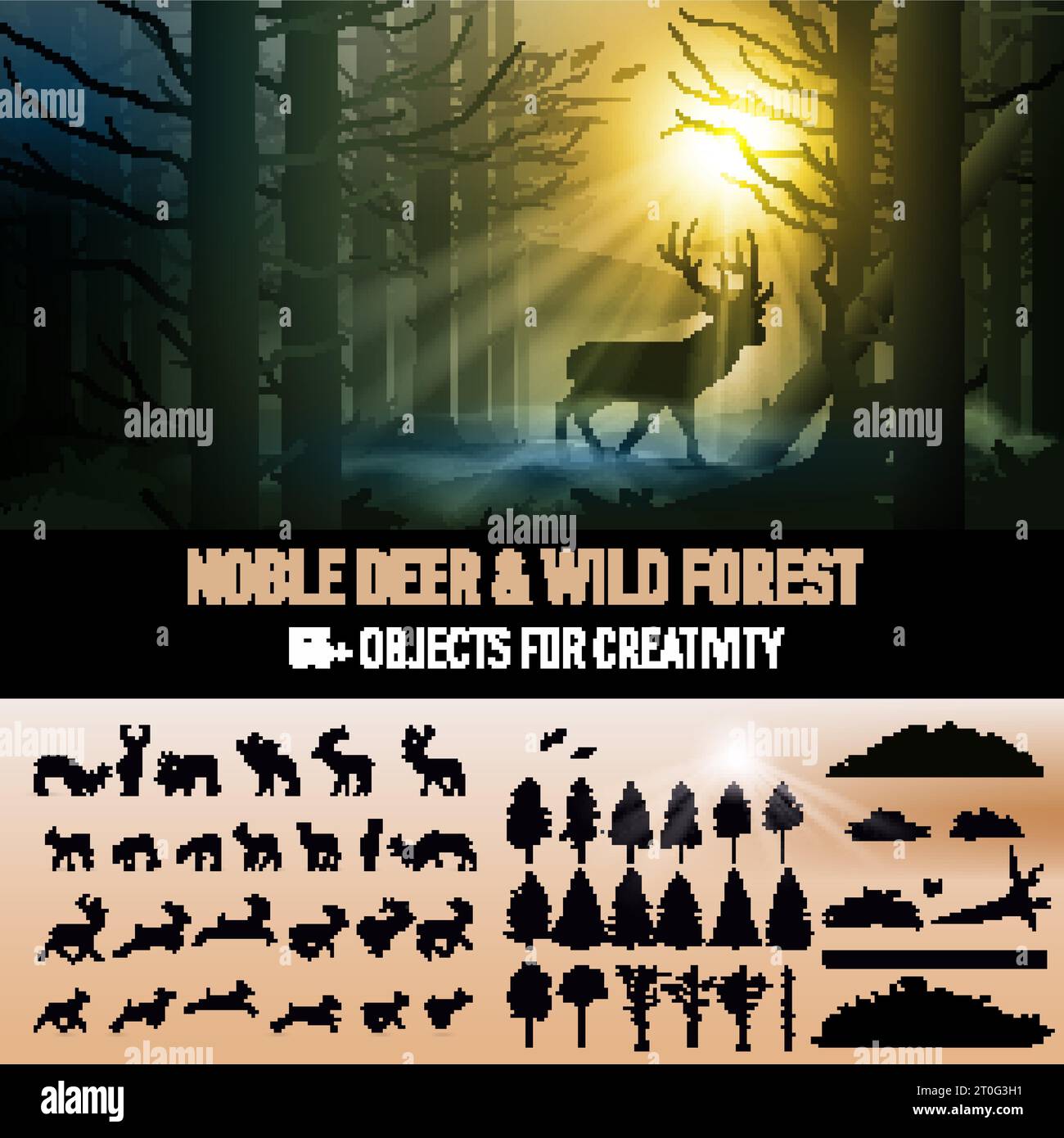 Silhouette of a Noble Deer, Flying Birds in Magic Misty Forest at ...