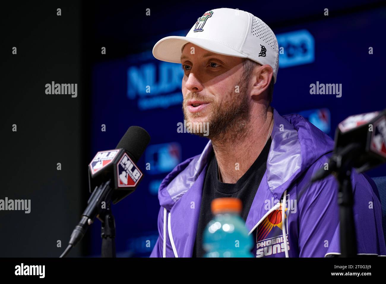 Arizona Diamondbacks starting pitcher Merrill Kelly speaks during a ...