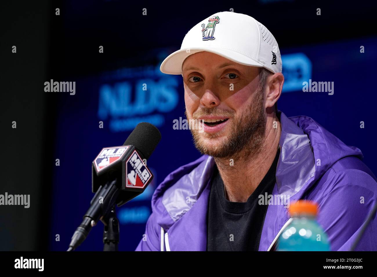 Arizona Diamondbacks starting pitcher Merrill Kelly speaks during a ...