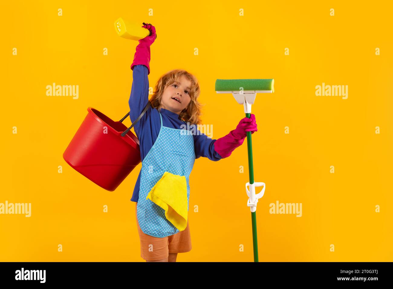 Little kid cleaning at home. Child doing housework having fun. Studio ...