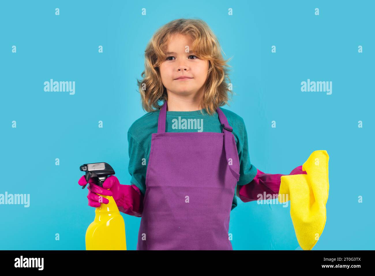 Child cleans at home concept. Kid cleaning with mop to help with ...
