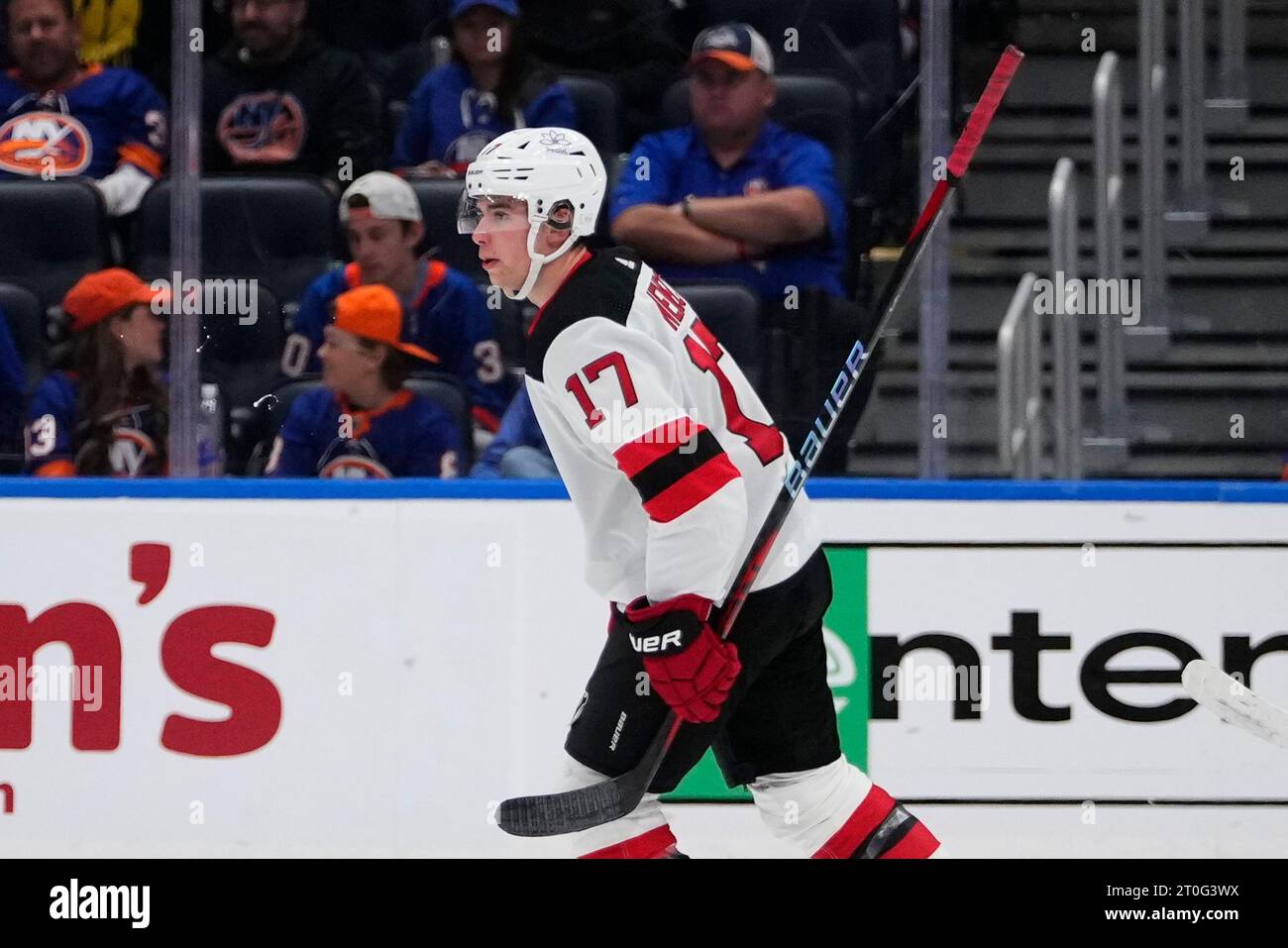 New Jersey Devils' Simon Nemec looks at the team's bench after scoring ...