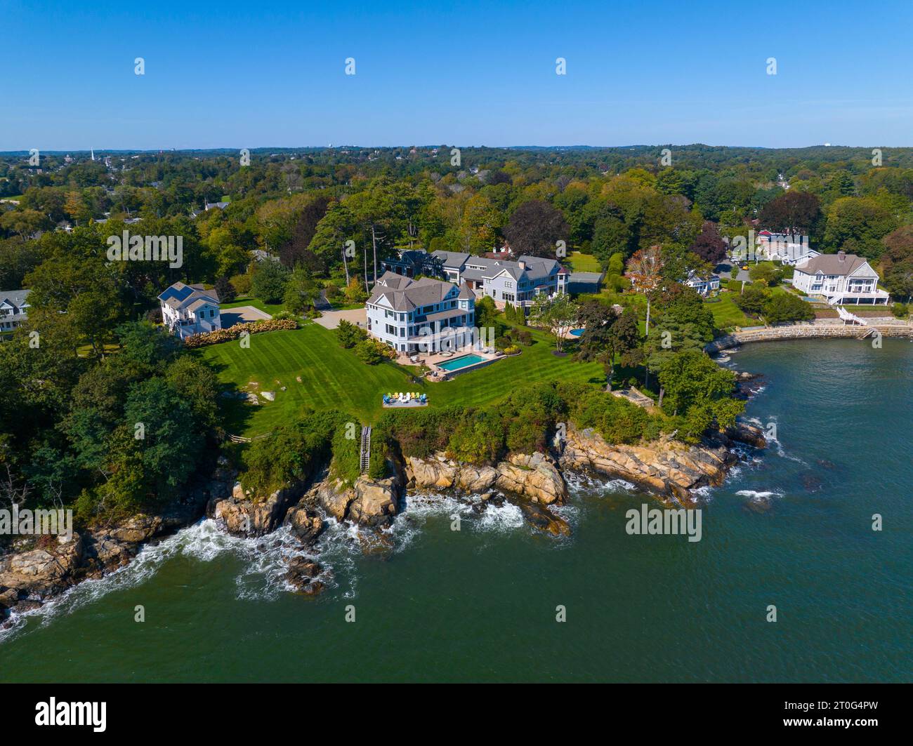 Historic mansion at Hospital Point near Patch Beach aerial view at Beverly Cove at fall in town ...
