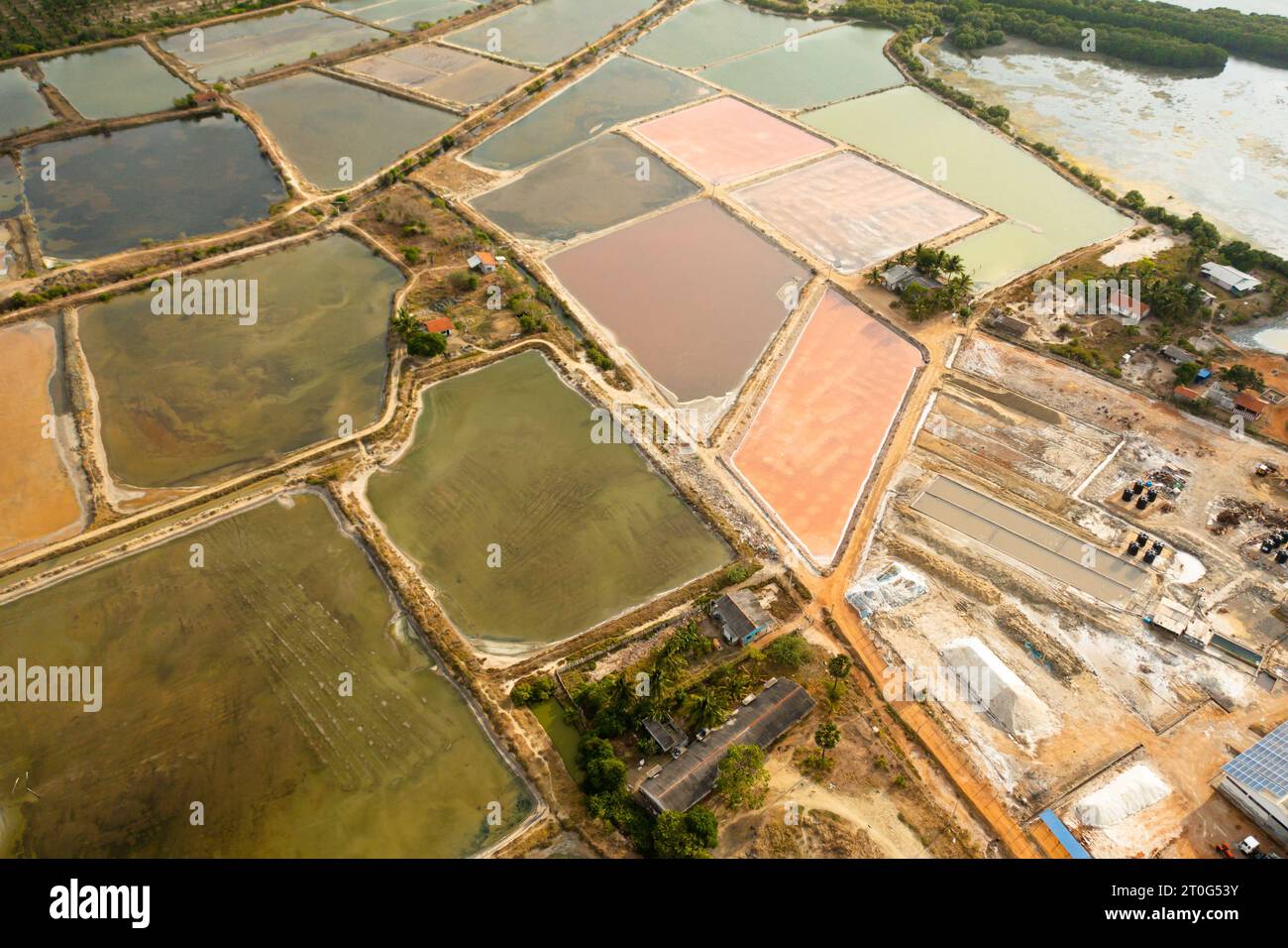 Aerial drone of Extraction of salt from seawater by evaporation. Salt ...