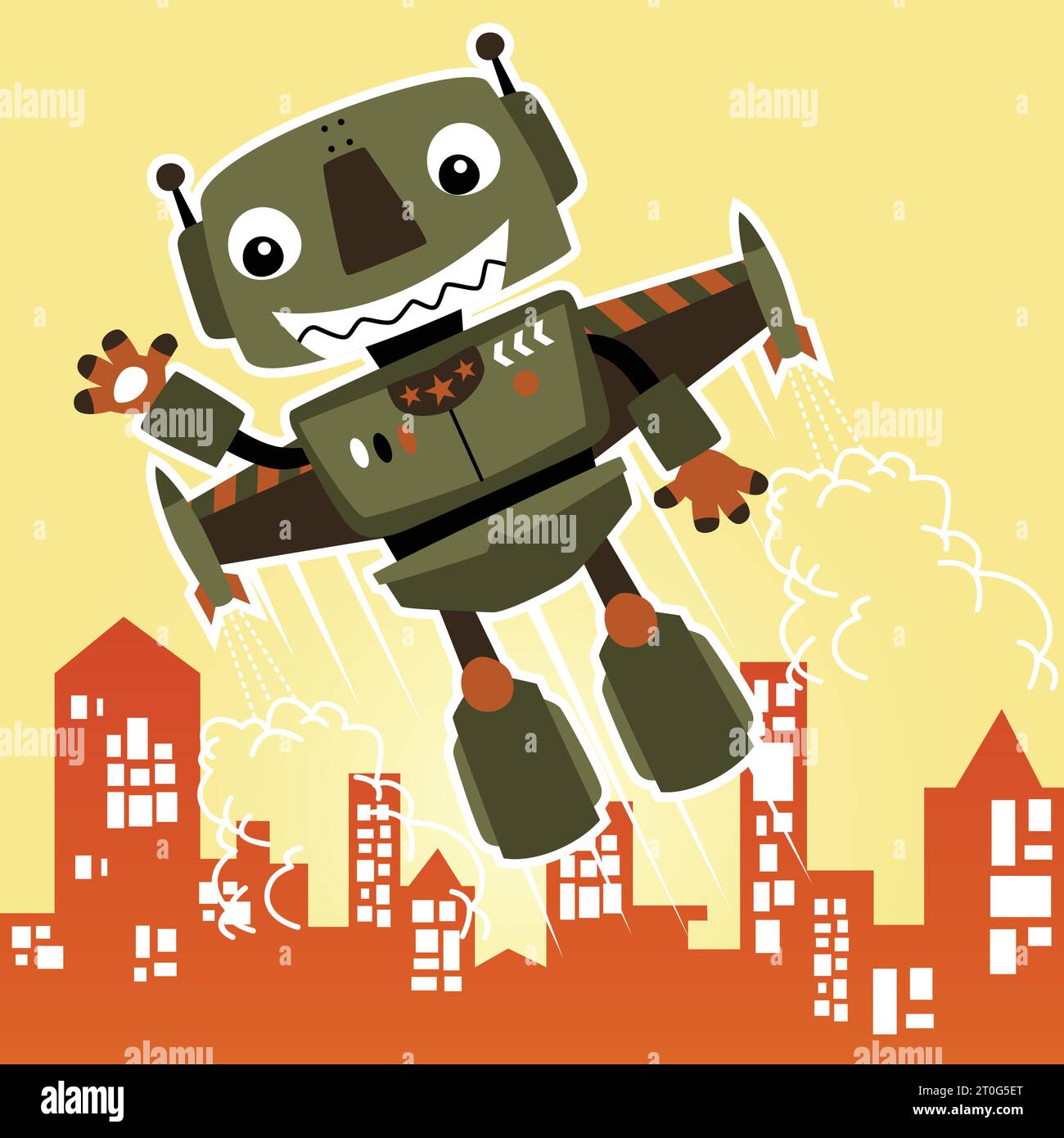 Funny Robot Soldier Flying Across Buildings Vector Cartoon Illustration Stock Vector Image