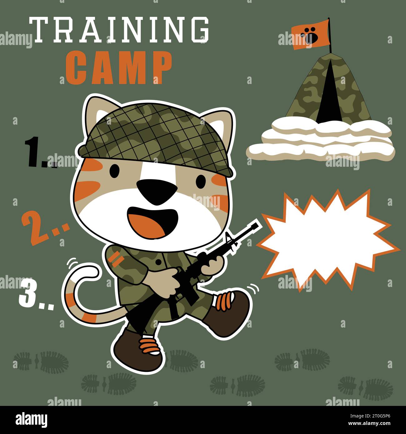 Cute tiger in soldier costume holding rifle on military training camp ...