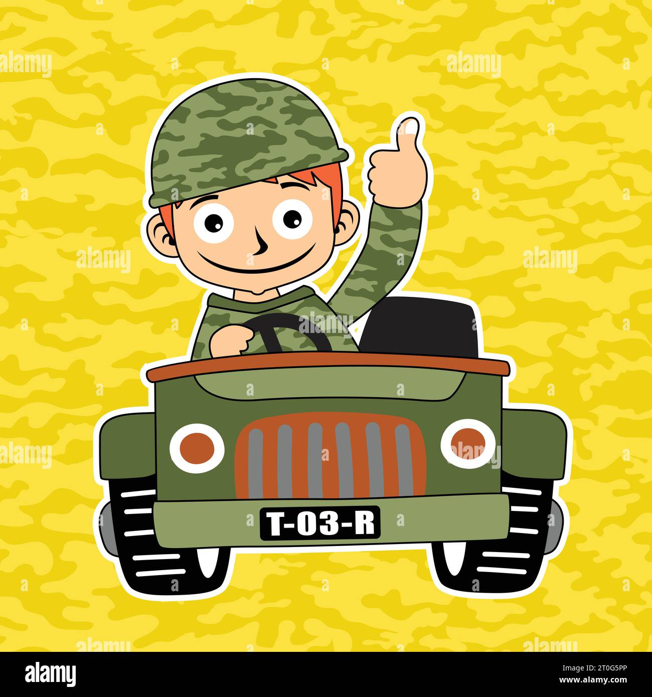 Funny soldier driving military car on camouflage background, vector ...