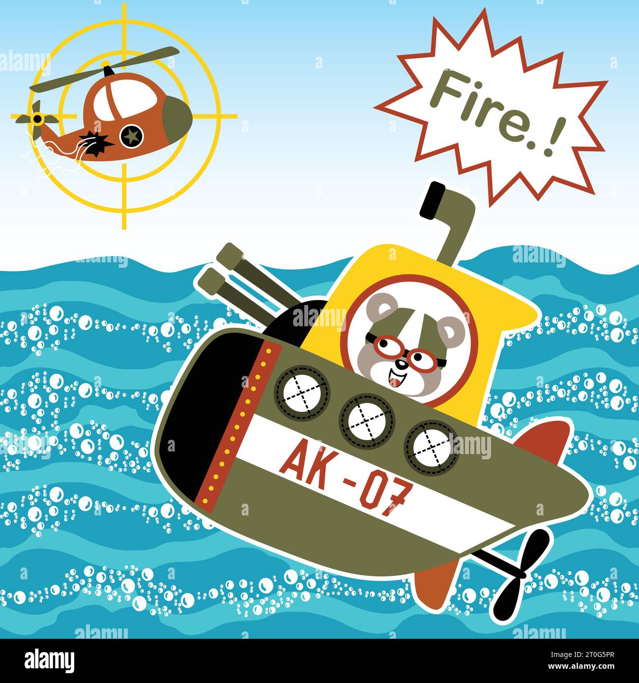 Funny bear in submarine with helicopter, ocean war, vector cartoon ...