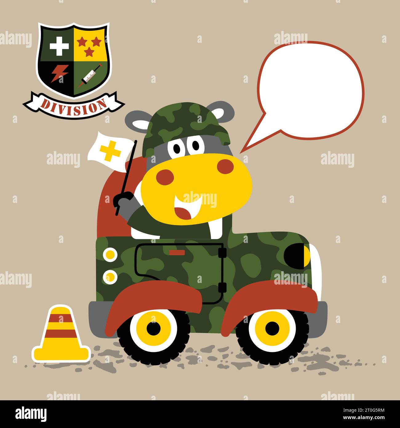 Cute hippo in soldier uniform driving military car, vector cartoon ...