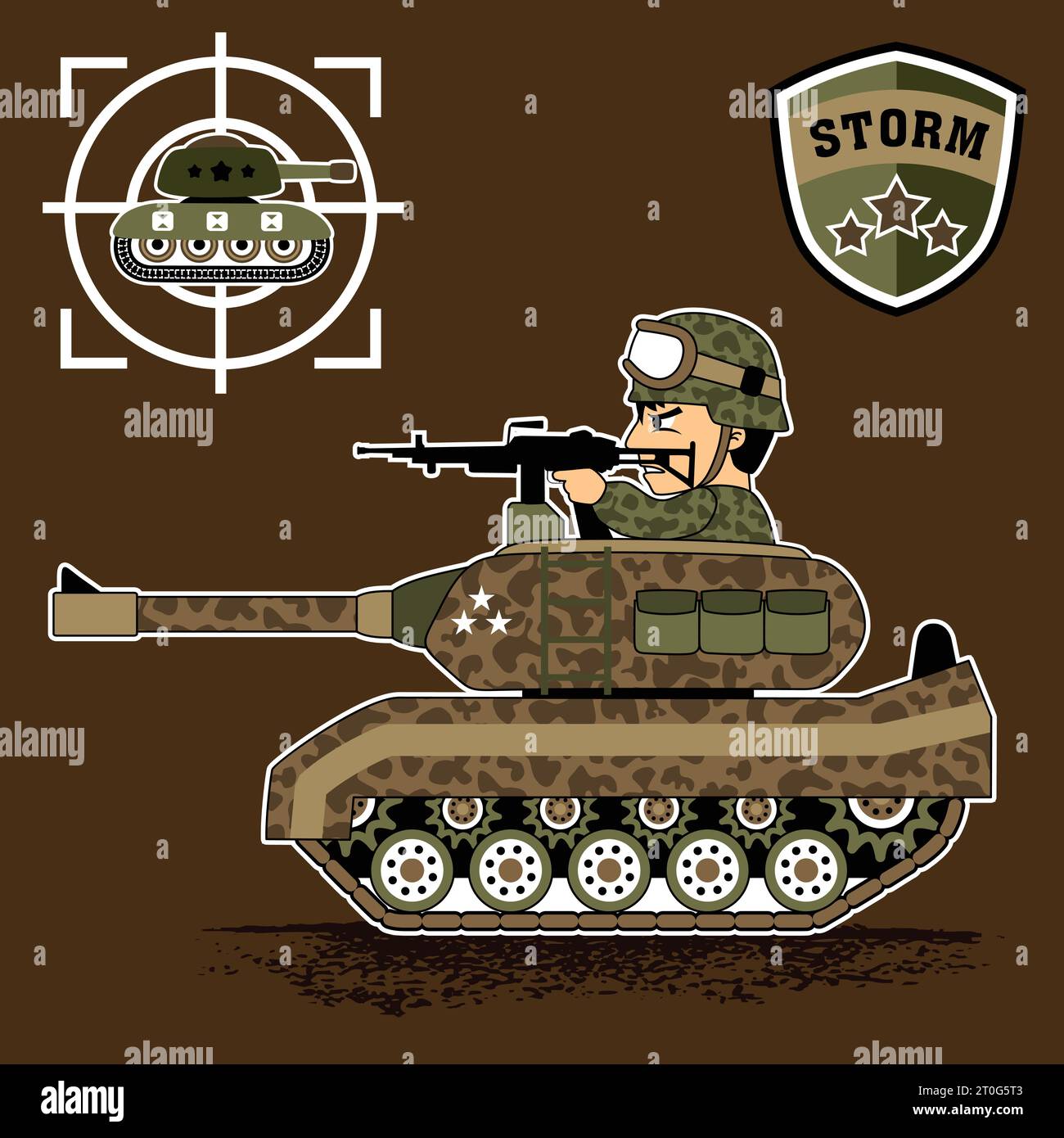 a soldier with rifle on armored with military logo, vector cartoon ...