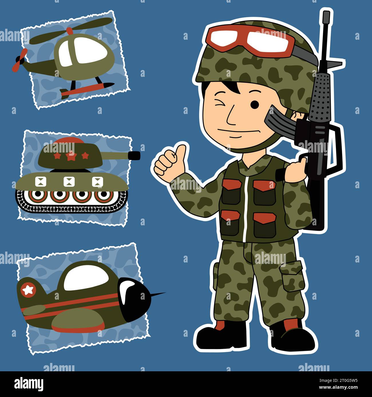 young soldier holding rifle with military vehicles, vector cartoon ...