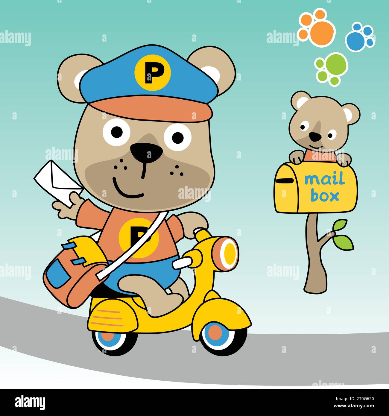 cute bear riding scooter, little bear on mail box, vector cartoon ...