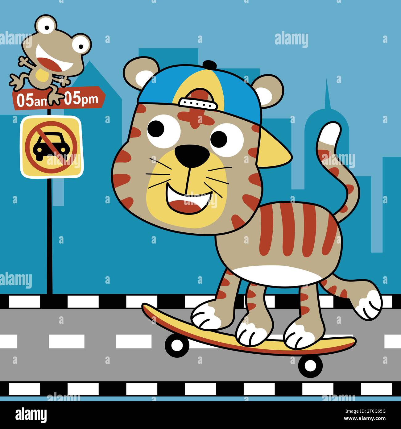 Funny cat playing skateboard in city road, frog sitting on road sign ...