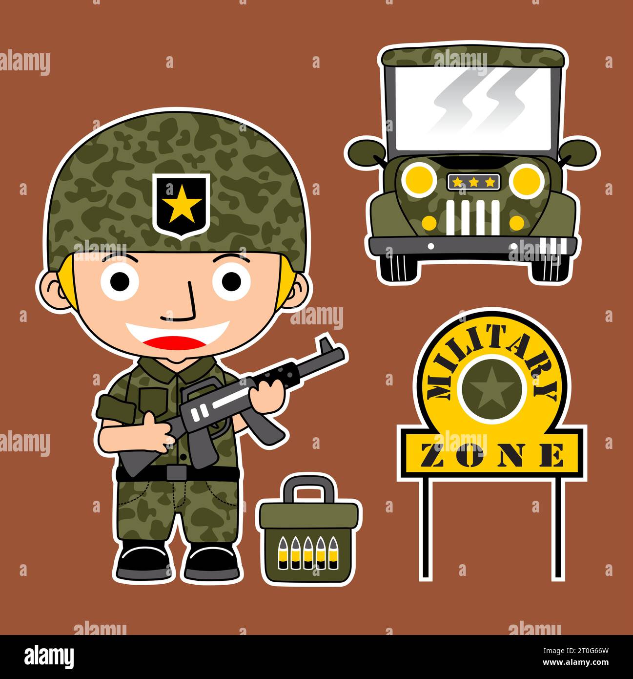 young soldier holding rifle with military vehicle, vector cartoon ...