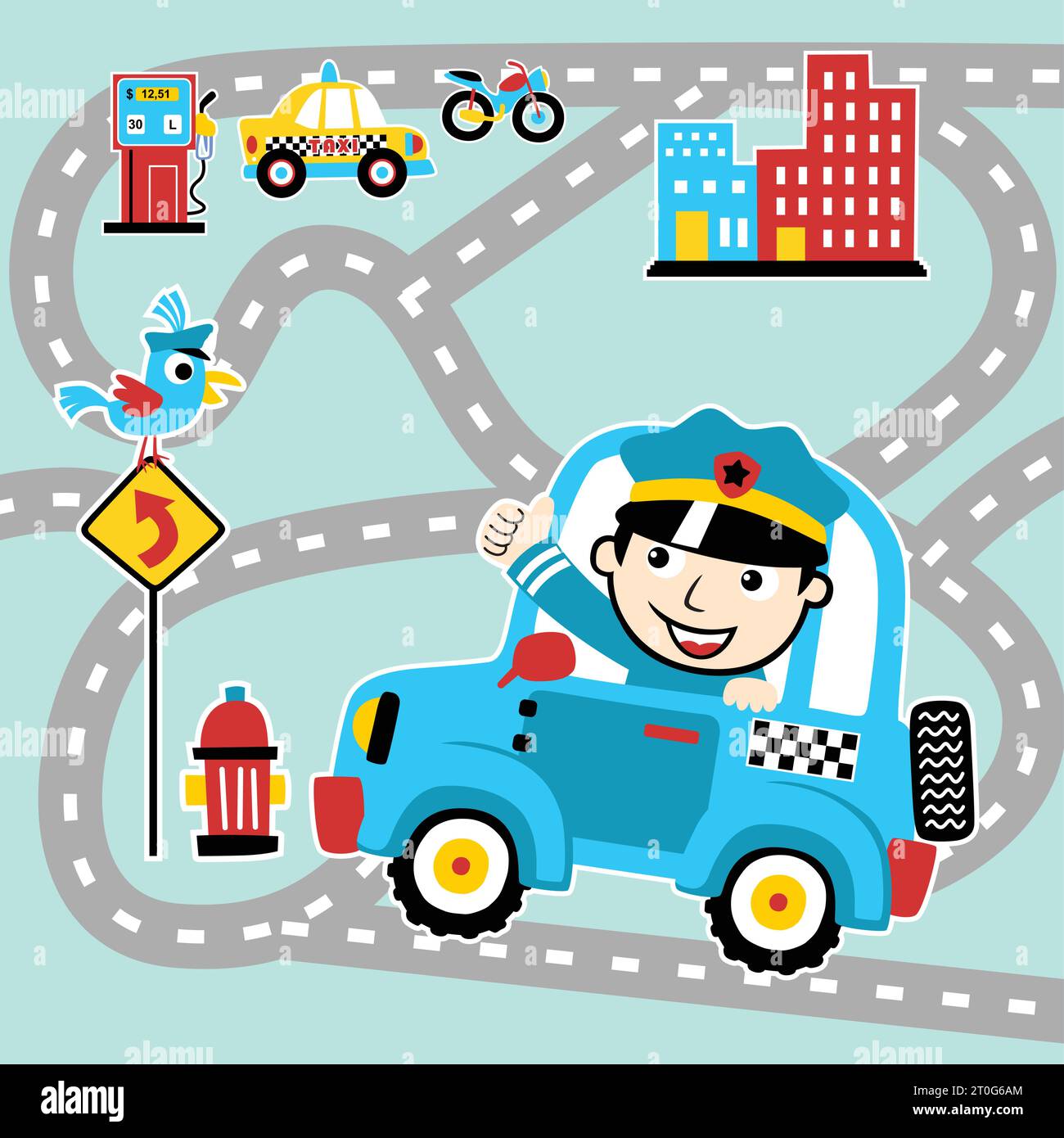 Funny policeman on car, little bird perching on road sign, city traffic ...