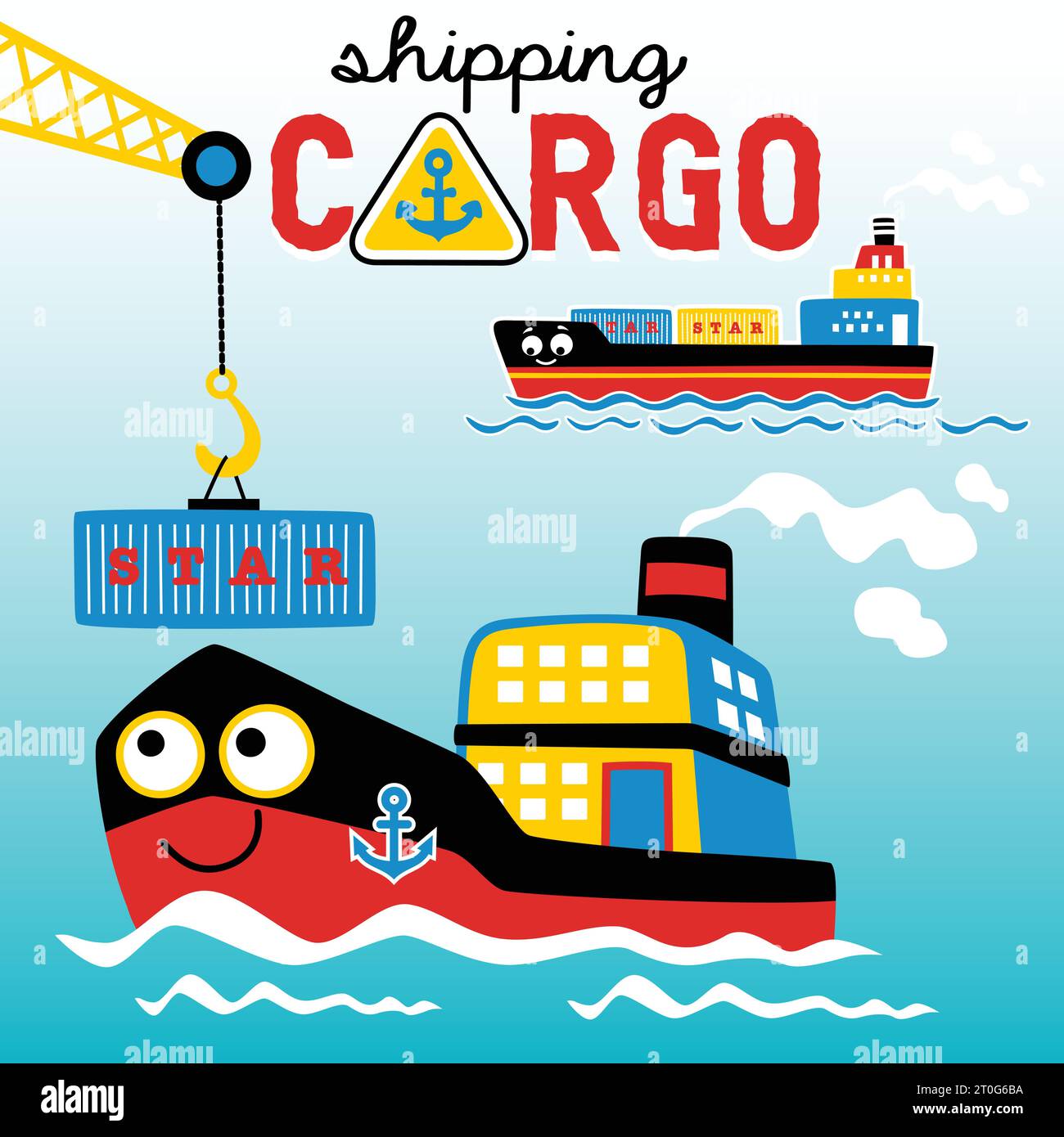 busy port with funny cargo ships, vector cartoon illustration Stock ...