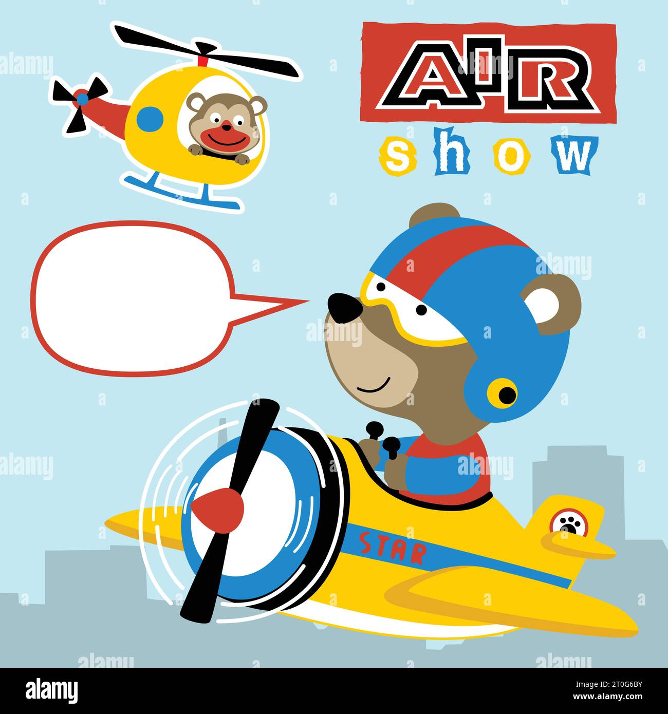 Funny bear on airplane with monkey on helicopter, vector cartoon ...