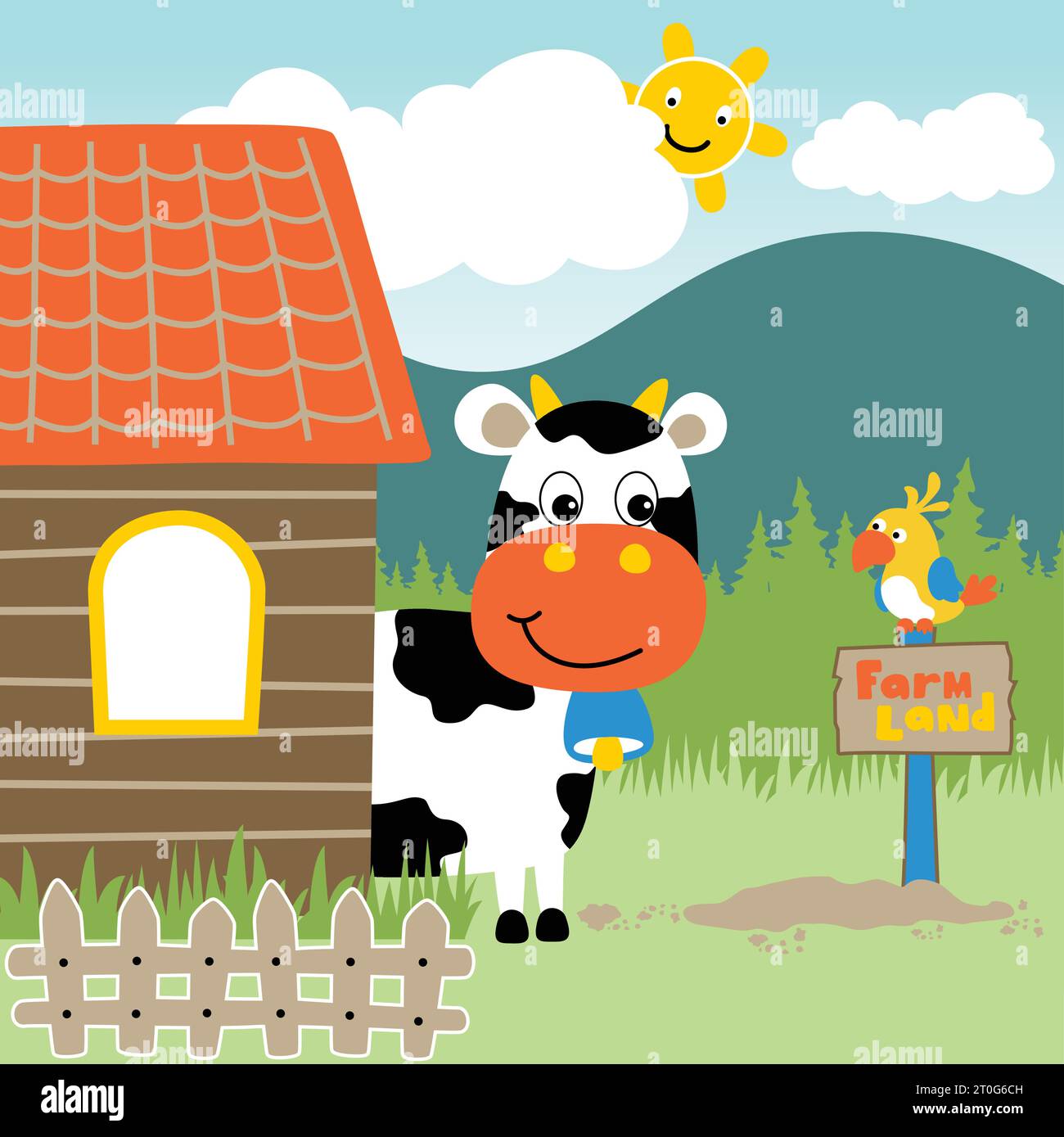 Funny cow with bird in the farmyard, smiling sunrise behind mountains ...