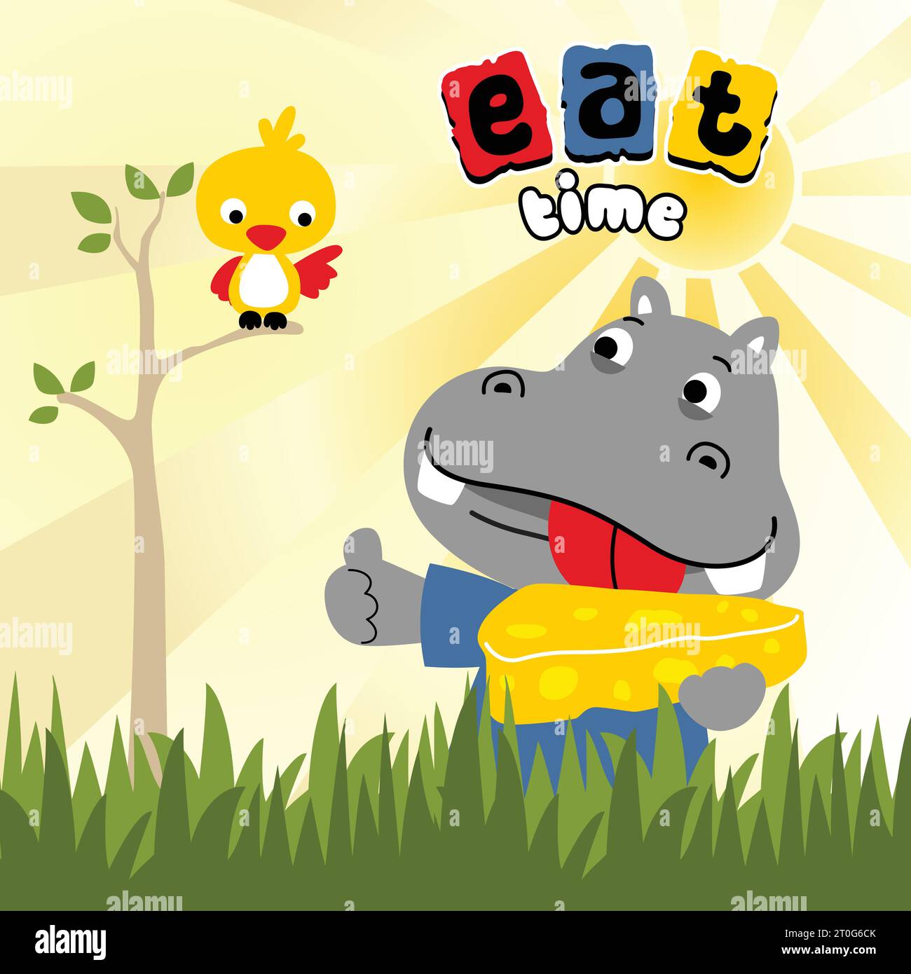 Cute hippo holding cheese with little bird on tree, vector cartoon ...