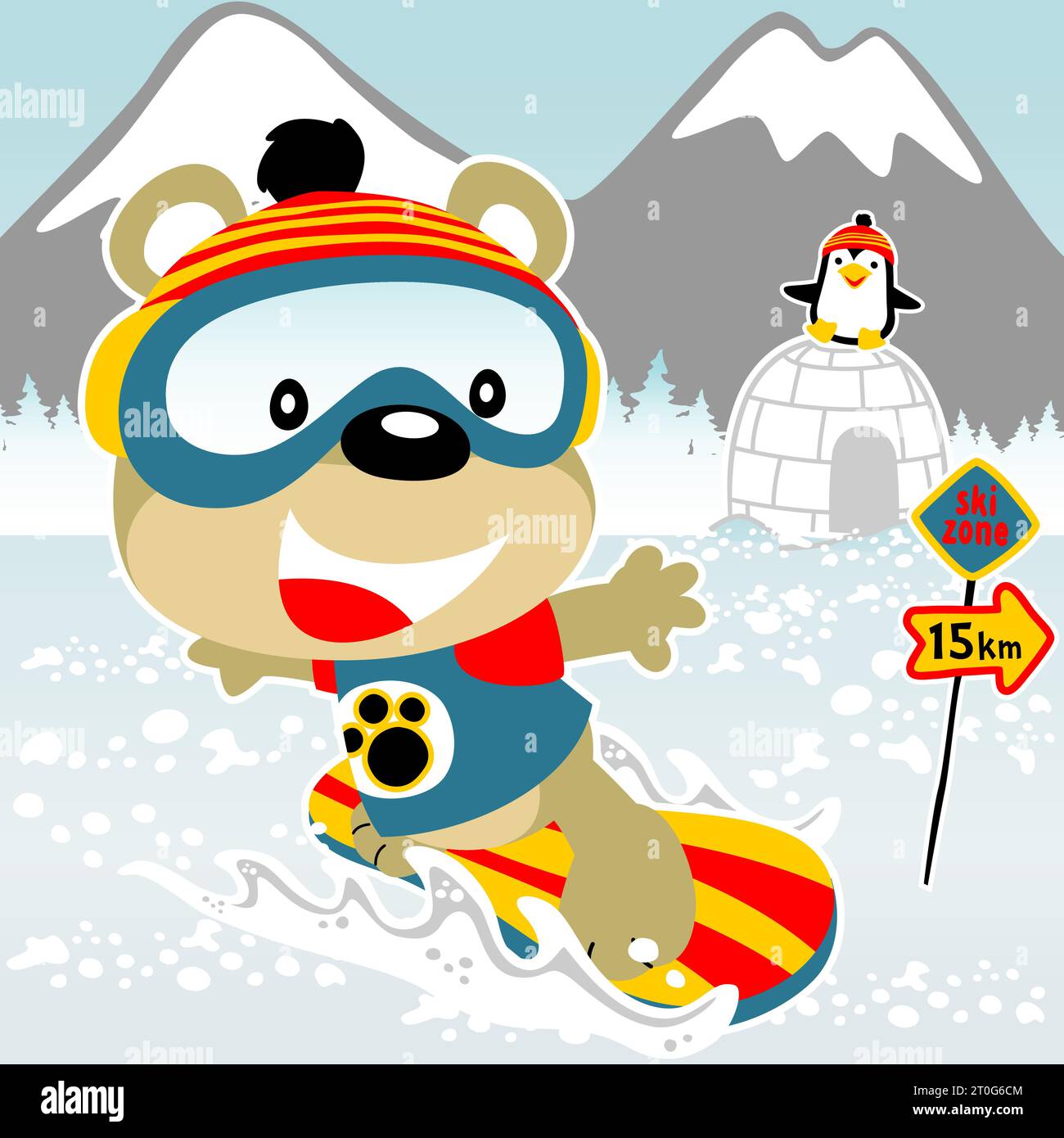 Cute bear snowboarding, little penguin on igloo, vector cartoon ...