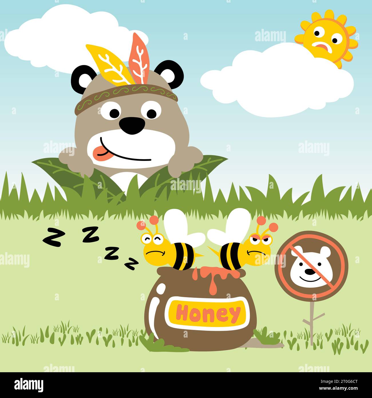 Cute bear wearing feather headdress hunting honey jar, bees guarding ...