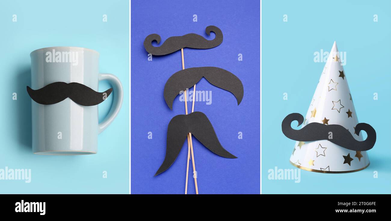 Collage of paper mustaches with cup and party hat on blue background ...