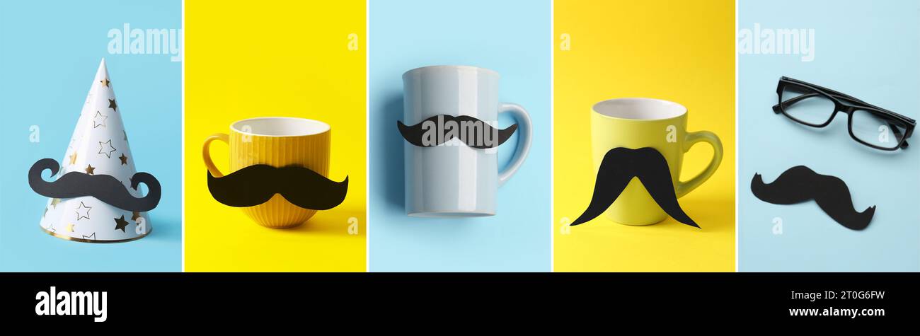 Collage of paper mustaches with cups, party hat and eyeglasses on blue ...