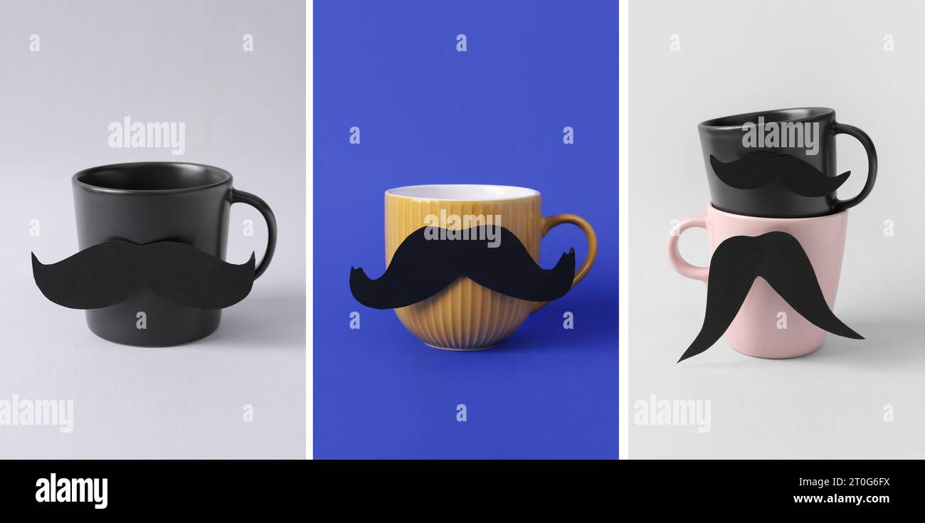Collage of paper mustaches with cups on grey and blue backgrounds Stock ...