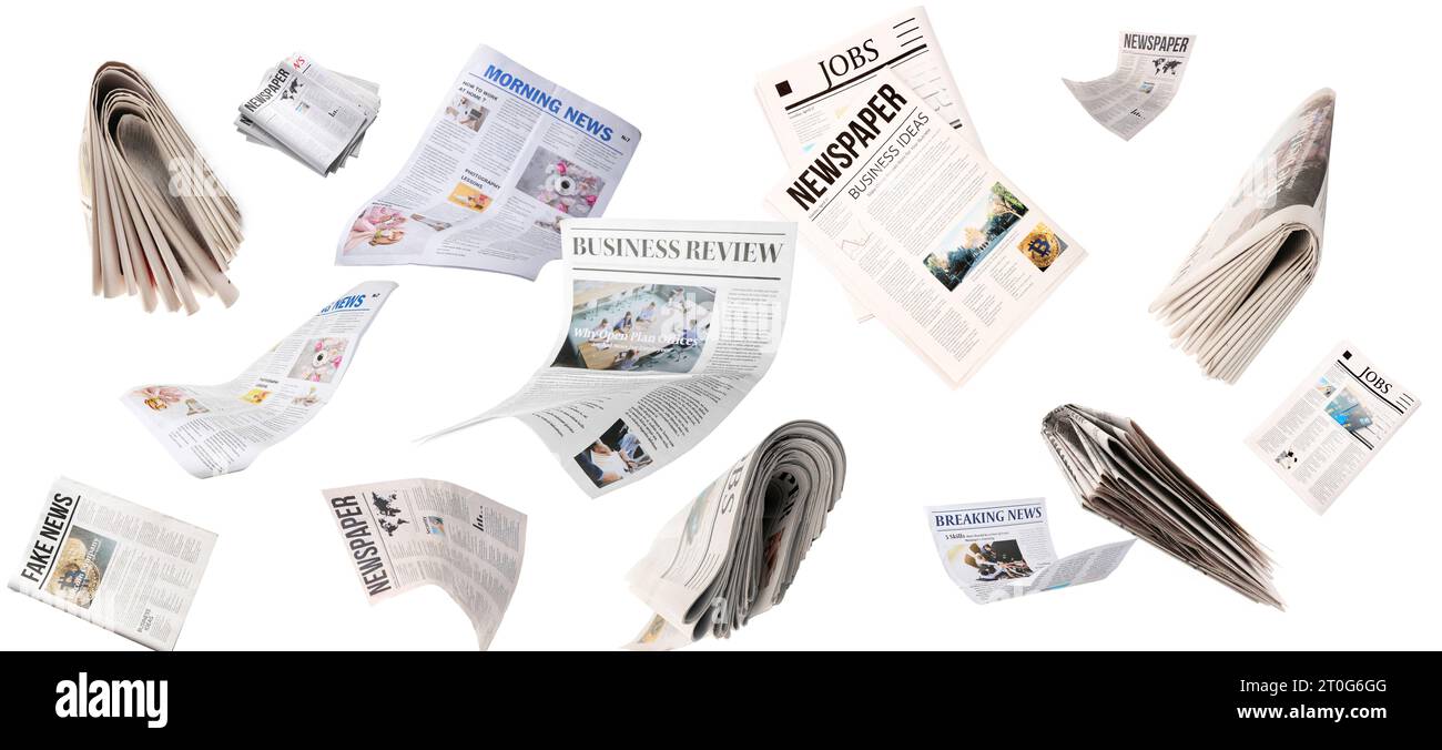 Many flying newspapers on white background Stock Photo - Alamy