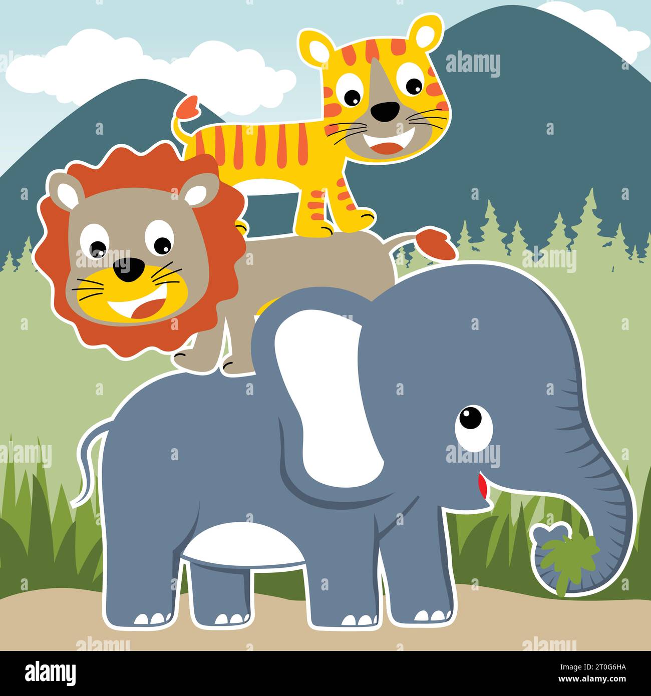 pile of cute animals on forest background, vector cartoon illustration ...