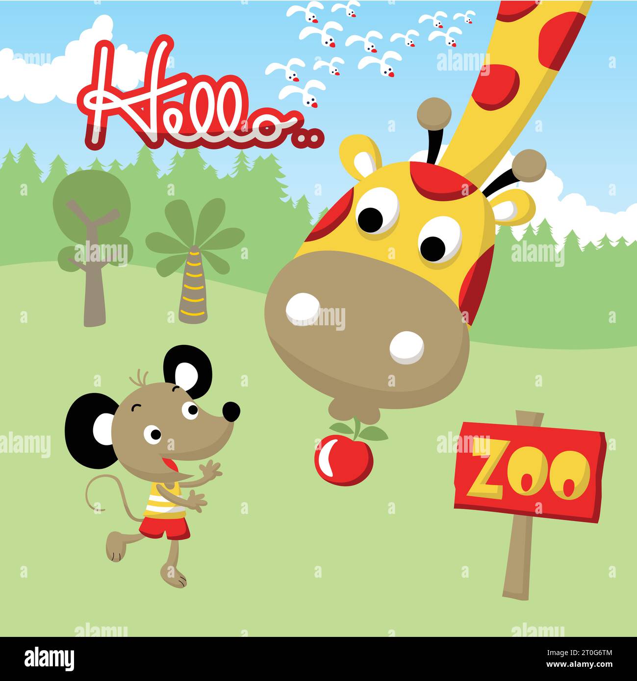 Cute giraffe give fruit to mice in forest, vector cartoon illustration ...