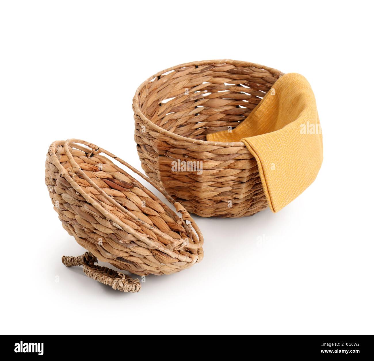 Open Wicker basket with lid isolated on white background Stock Photo ...