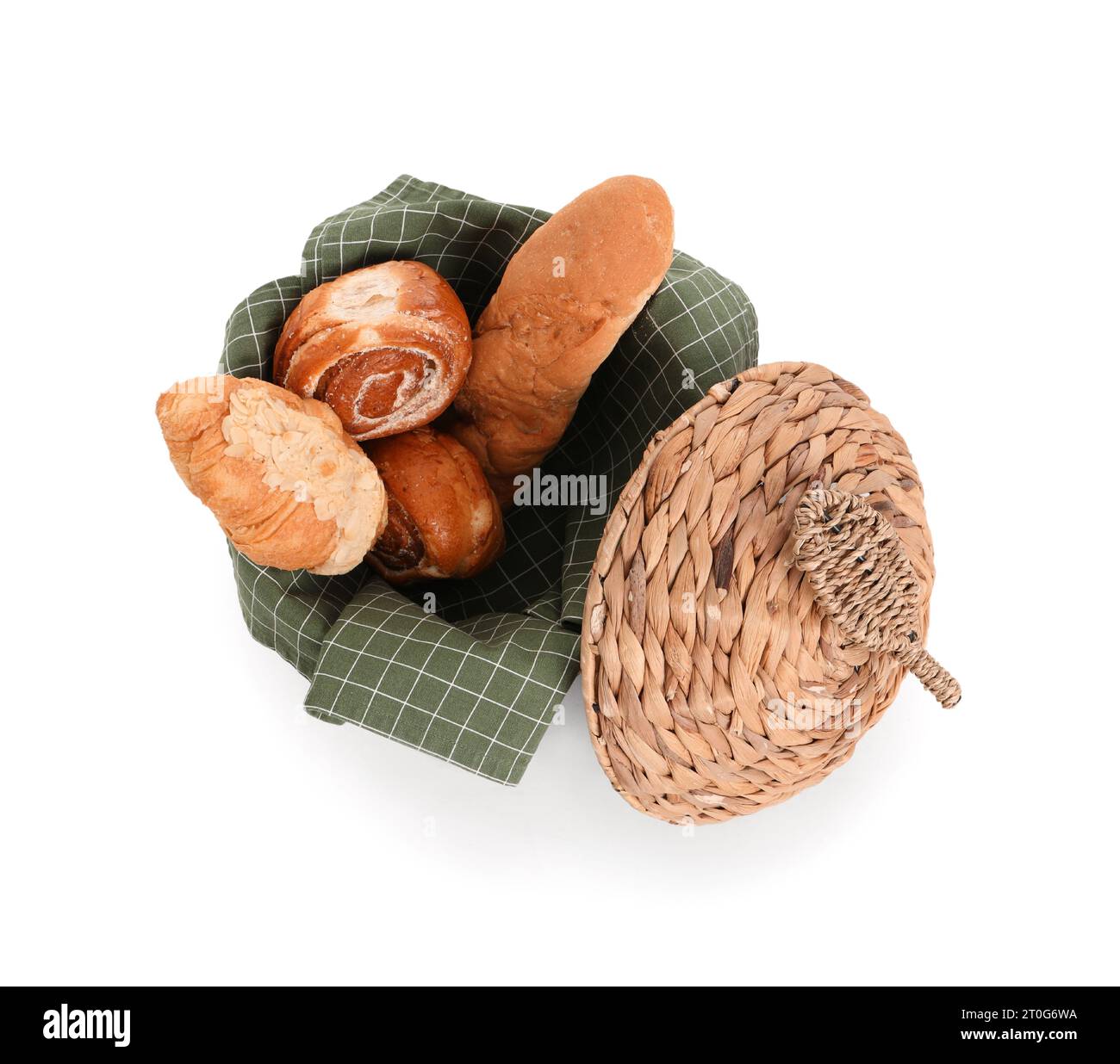 Wicker basket with different pastry isolated on white background Stock ...