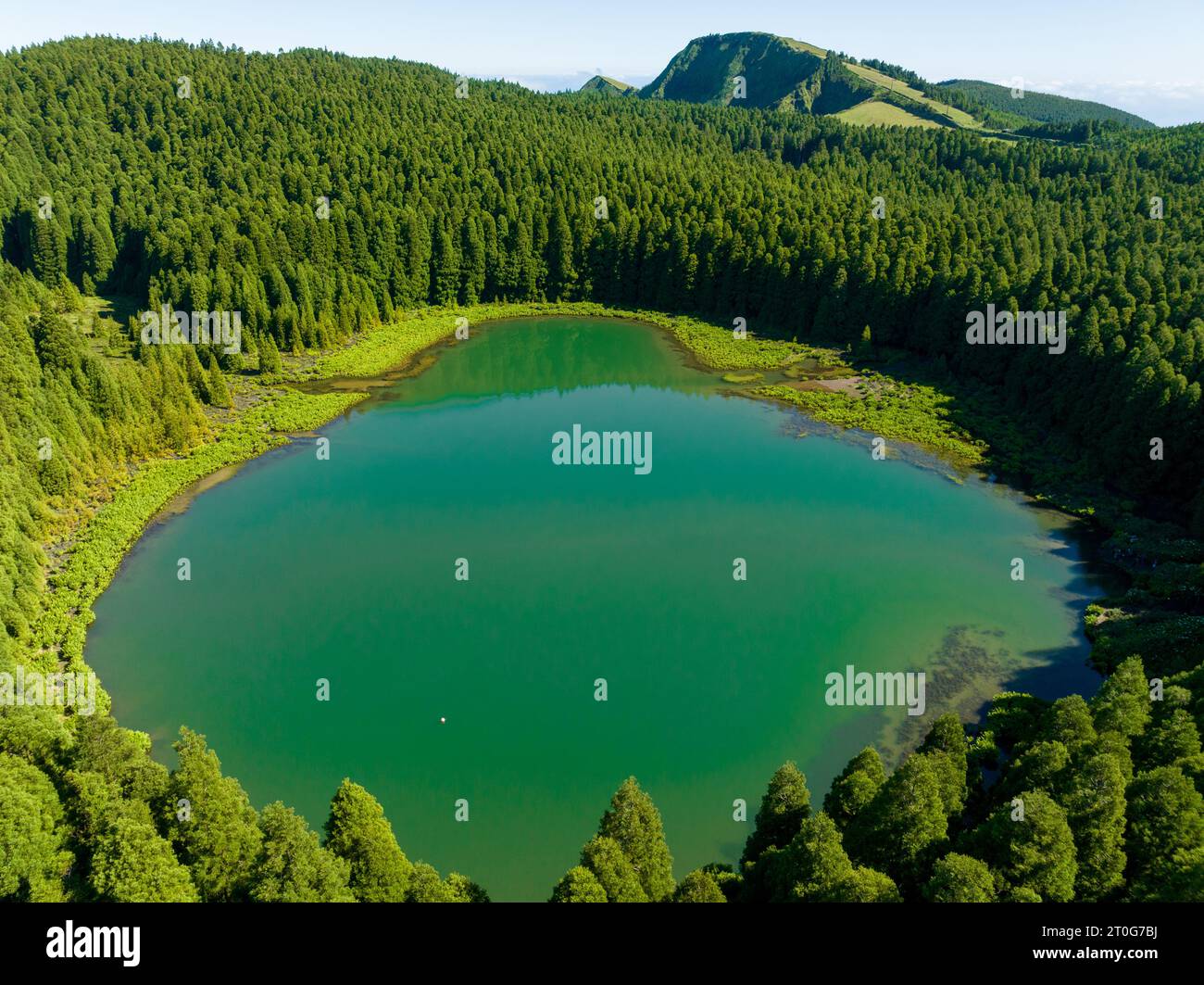 Aerial view of "Lagoa do Canario" lagoon surrounded by green forest ...
