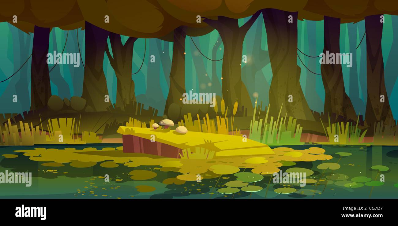 Forest swamp horizontal background - cartoon vector illustration of ...