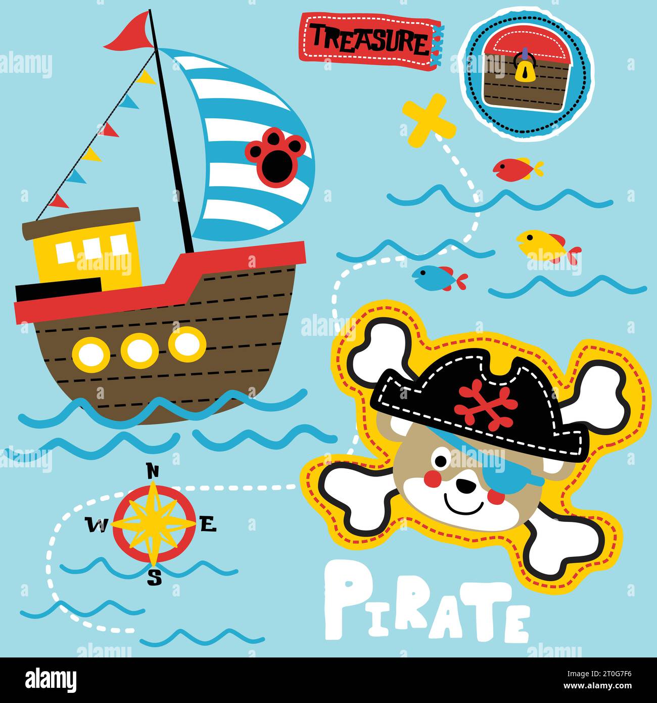 Cute bear wearing pirate cap, pirate sailing elements, vector cartoon ...