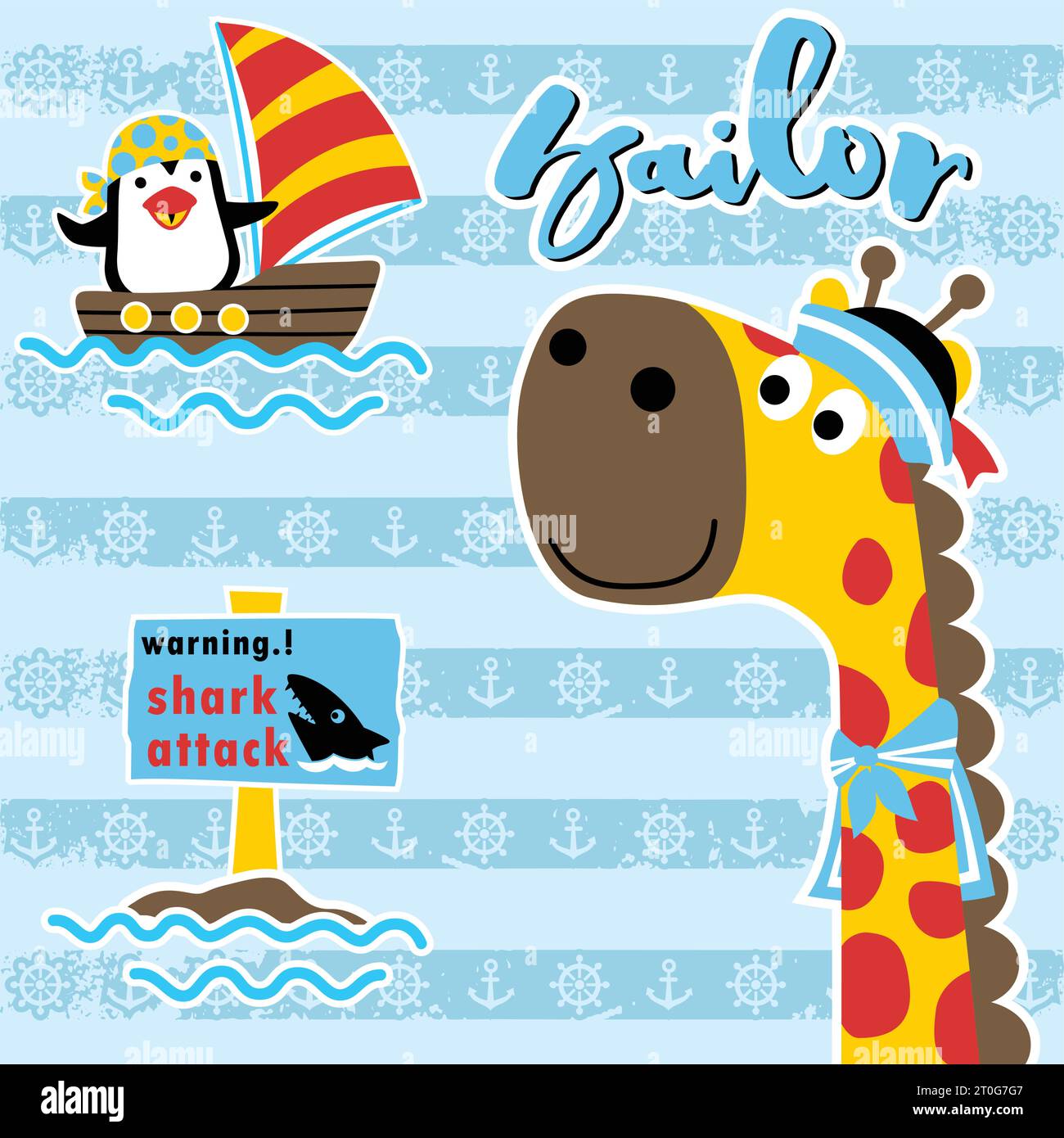 Cute giraffe wearing sailor cap, penguin on sailboat, shark attack ...