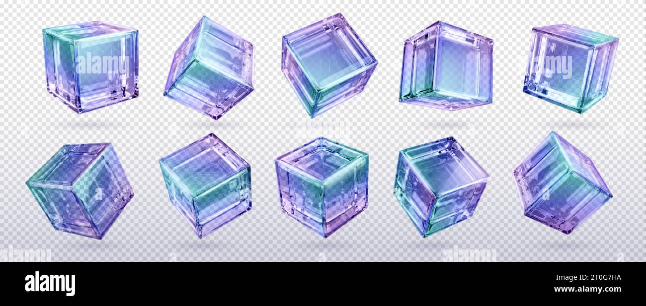 Set of holographic 3D glass cubes isolated on transparent background ...