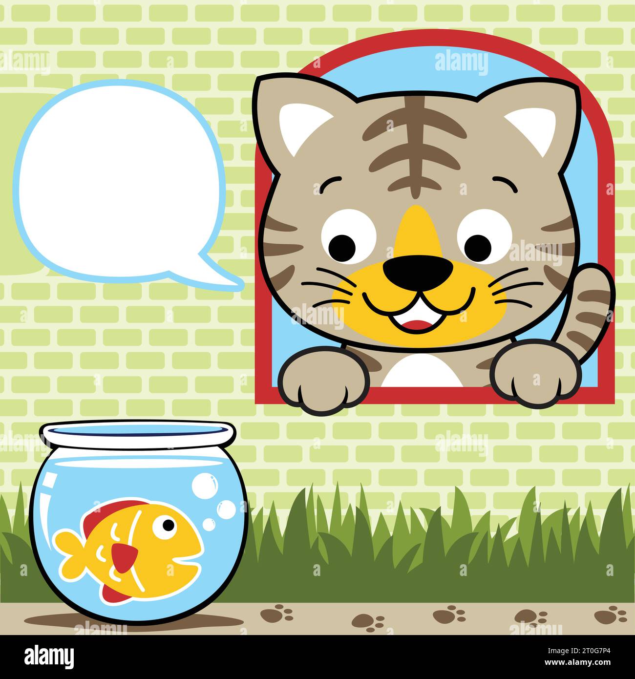 funny cat in the window with fish in the jars, vector cartoon ...