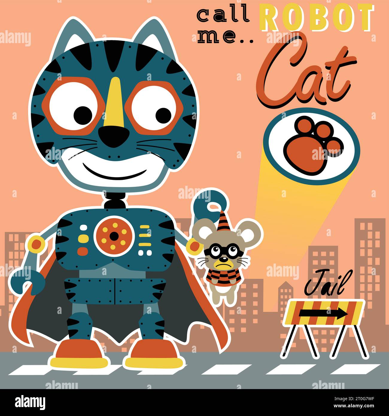 Funny robot cat catching criminal mouse on buildings background, vector ...