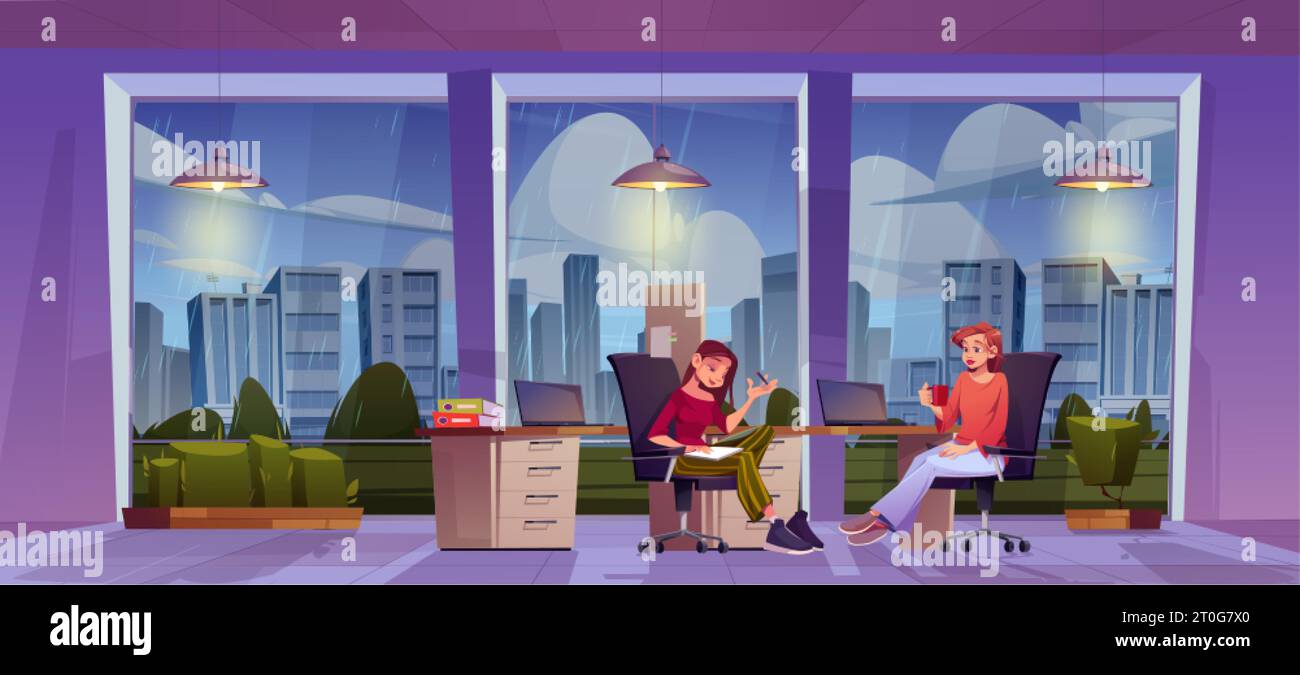 Female company employees working in office on rainy day. Vector cartoon ...