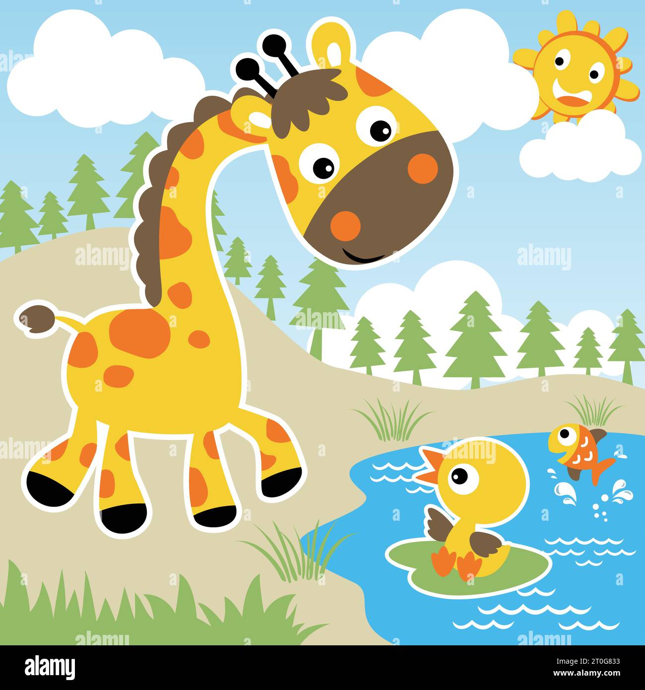 cute giraffe with little duck and fish in river, smiling sun behind ...