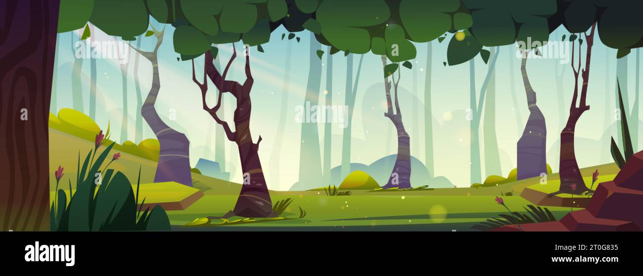 Forest park nature panorama cartoon illustration. Empty garden ...