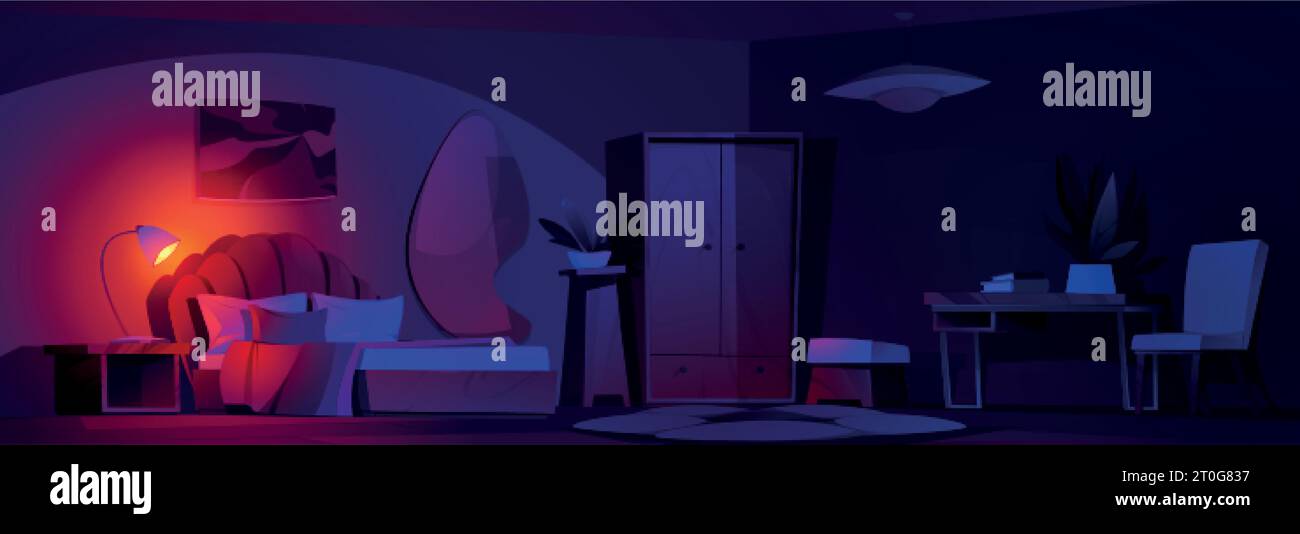 Night groovy bedroom vector cartoon home interior 2d background. Dark ...