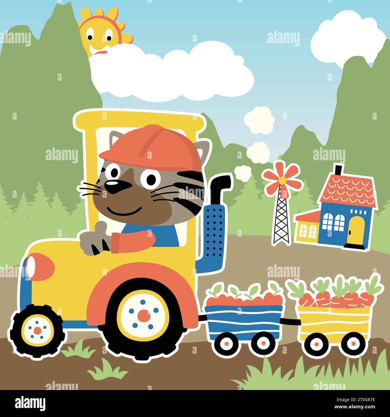 Funny cat driving tractor loading harvest on rural scene background ...