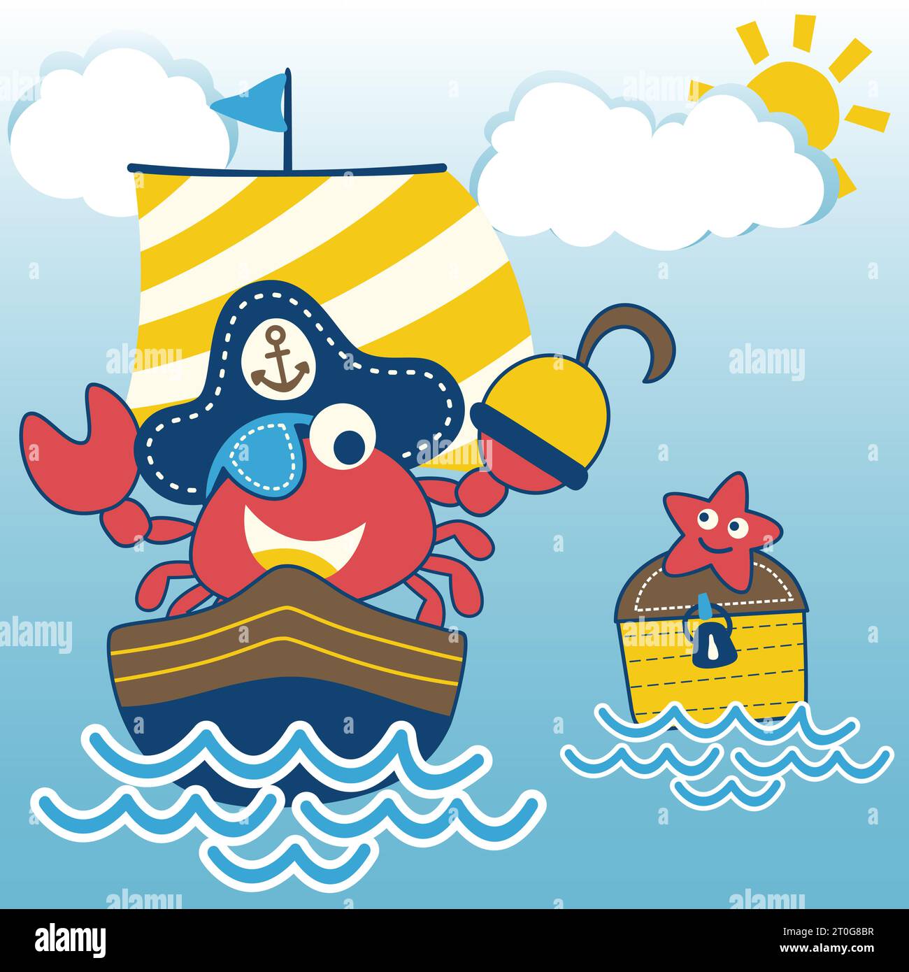 cute crab pirate on sailboat, starfish on treasure chest, vector ...
