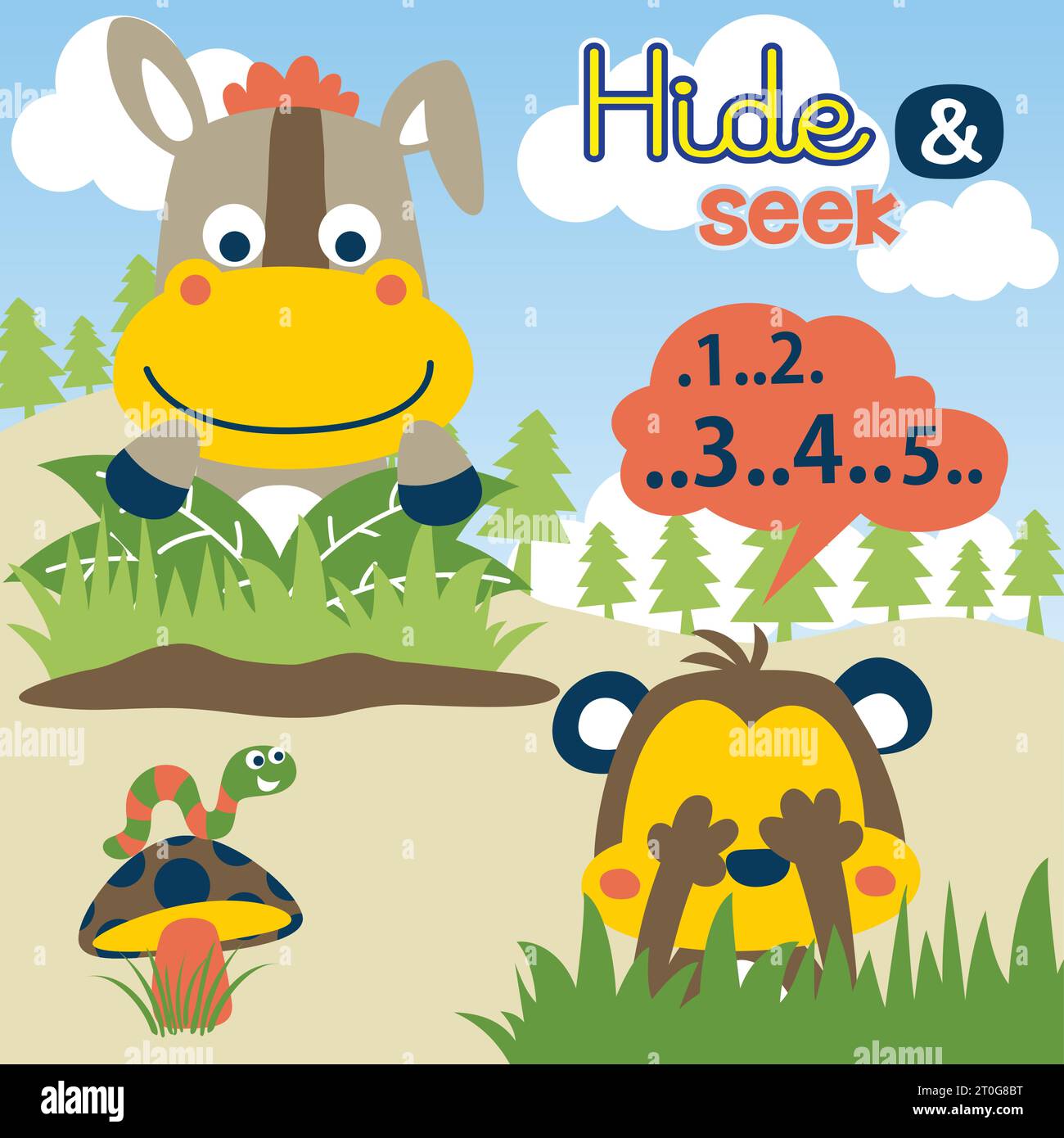 cute donkey with monkey playing hide and seek, caterpillar on mushroom ...
