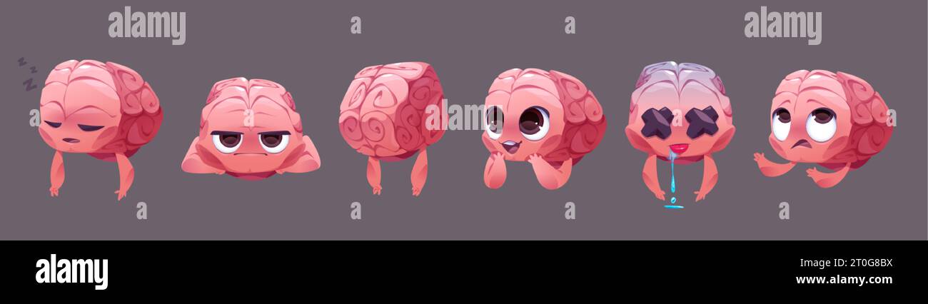 Brain cartoon character with various emotions. Human memory organ angry ...